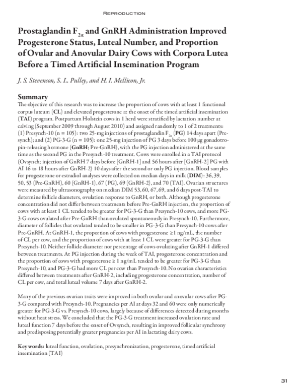 (PDF) prostaglandin F2αand GnRH administration improved progesterone ...