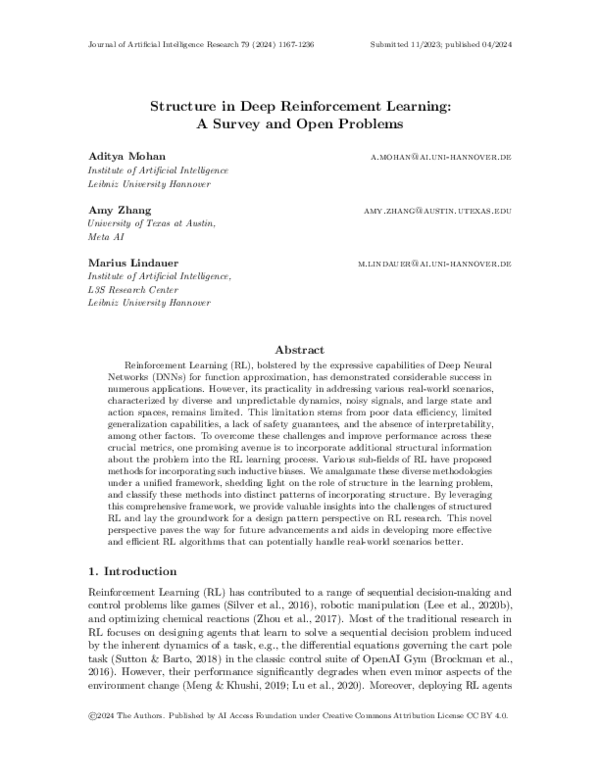 Pdf Structure In Deep Reinforcement Learning A Survey And Open Problems