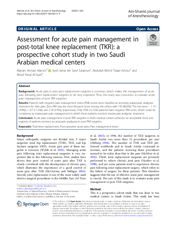 (PDF) Assessment for acute pain management in post-total knee ...