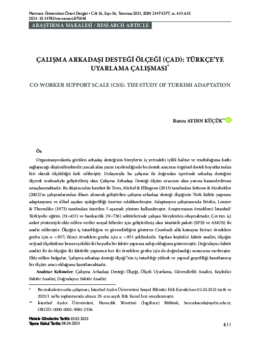 (PDF) Co-Worker Support Scale (CSS): The Study of Turkish Adaptation