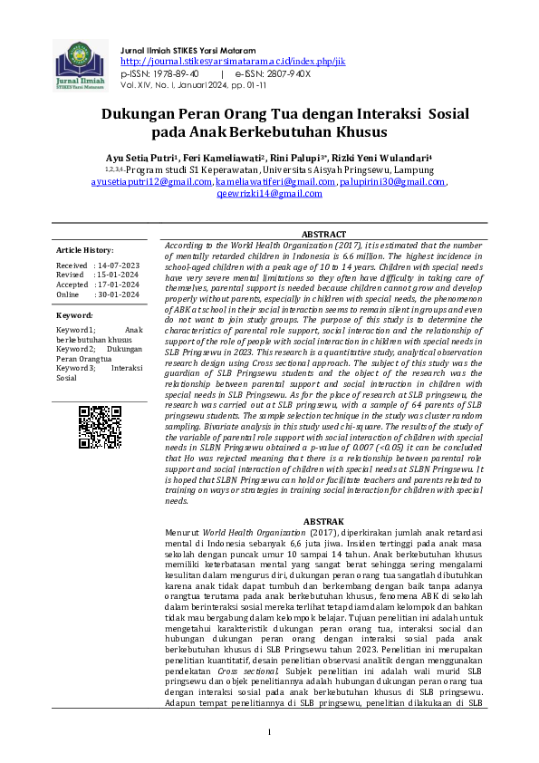 (PDF) Hubungan Dukungan Peran Orang Tua dengan Interaksi Sosial pada Anak Berkebutuhan Khusus di ...