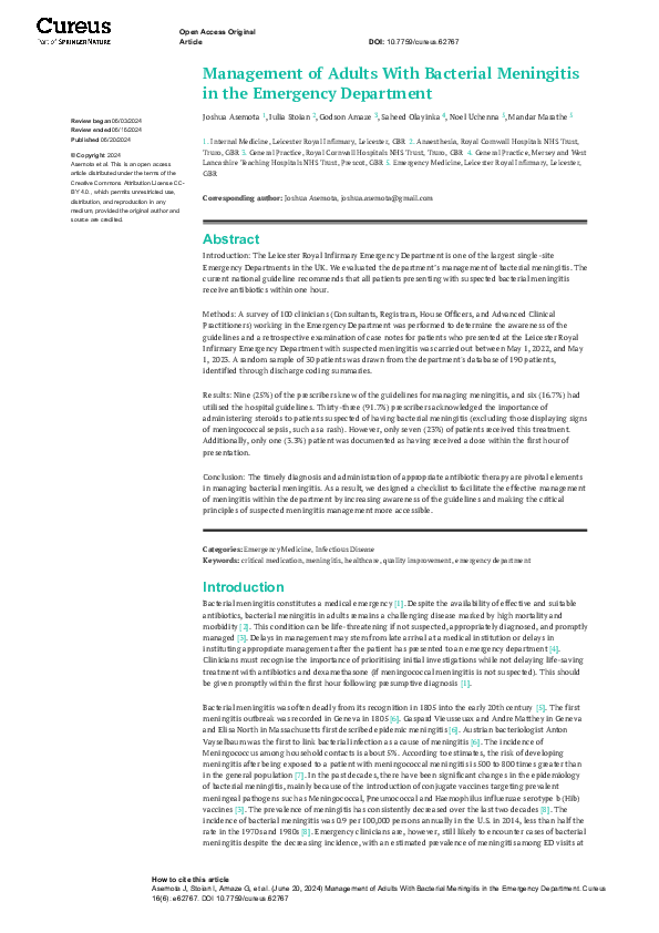 (PDF) Management of Adults With Bacterial Meningitis in the Emergency ...
