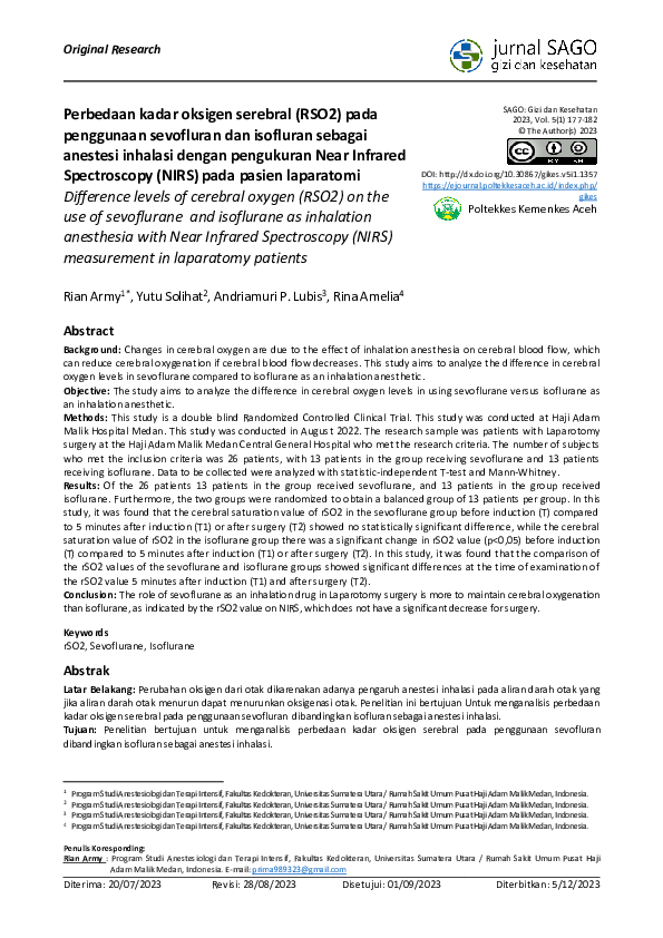 (PDF) Perbedaan kadar oksigen serebral (RSO2) pada penggunaan ...