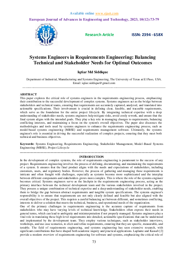 (PDF) Systems Engineers in Requirements Engineering: Balancing ...