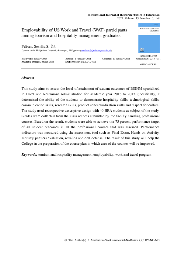(PDF) Employability of US Work and Travel (WAT) participants among ...