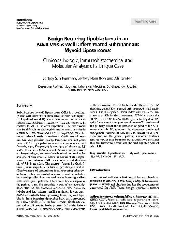 (PDF) Benign Recurring Lipoblastoma in an Adult Versus Well ...