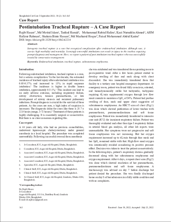 (PDF) Postintubation Tracheal Rupture – A Case Report