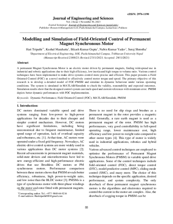 (PDF) Field-Oriented Control of PMSM: Modeling & Sim.