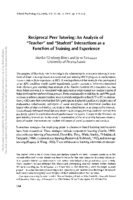 (PDF) Reciprocal peer tutoring: An analysis of "teacher" and "student ...