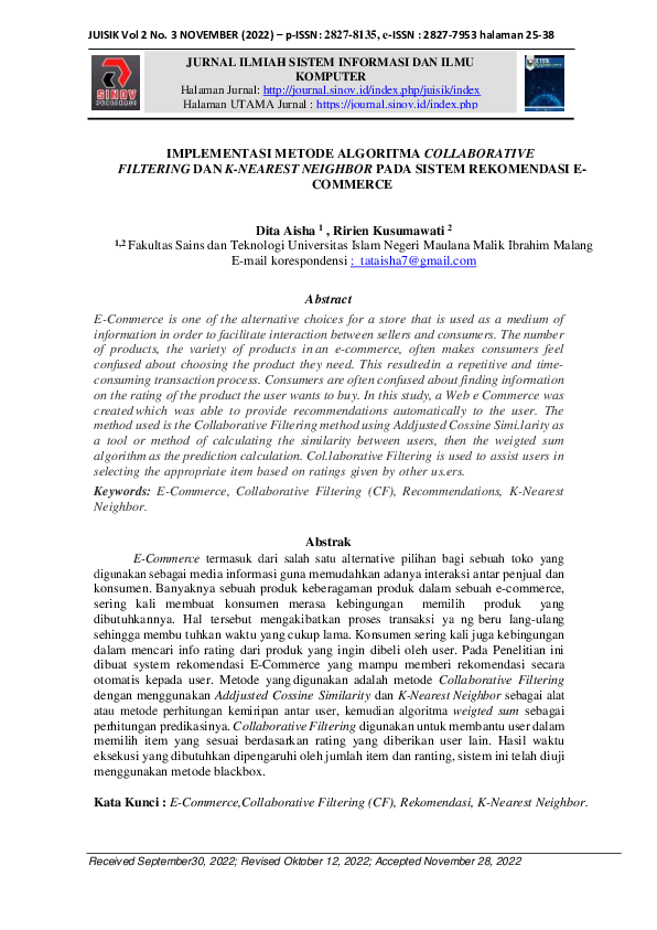 (PDF) Implementasi Metode Algoritma Collaborative Filtering Dan K ...