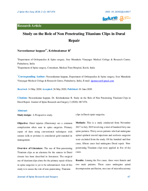 (PDF) Study on the Role of Non Penetrating Titanium Clips in Dural Repair