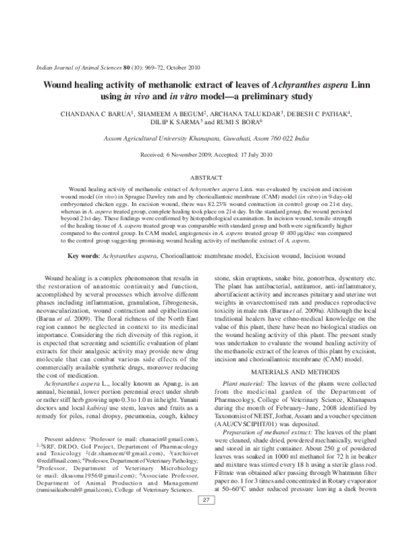 (PDF) Wound healing activity of methanolic extract of leaves of Achyranthes aspera Linn using in ...