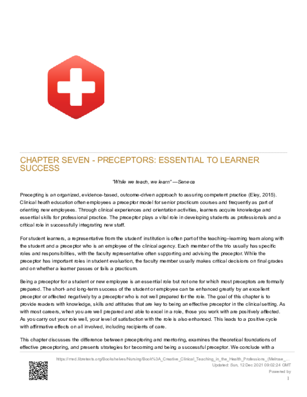 (PDF) Chapter Seven – Preceptors: Essential to Learner Success
