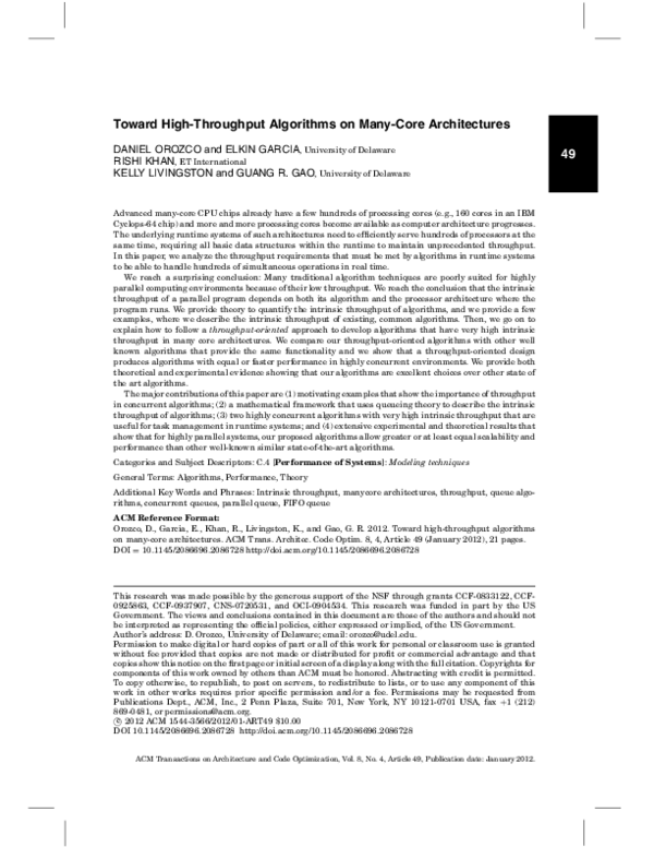 Pdf High Throughput Algorithms For Many Core Systems