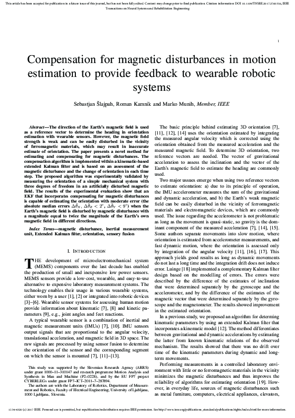 (PDF) Compensation for Magnetic Disturbances in Motion Estimation to ...