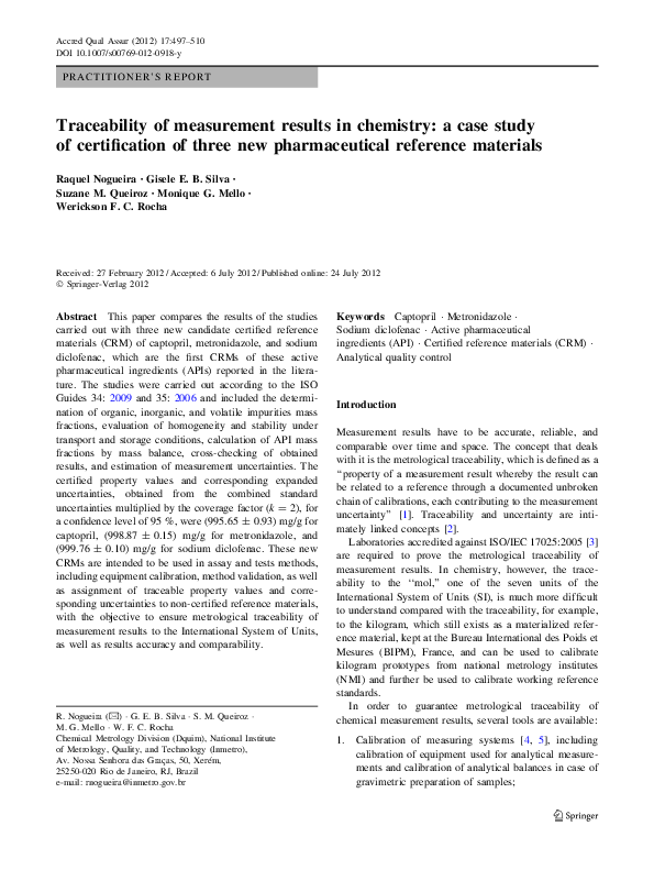 (PDF) Traceability of measurement results in chemistry: a case study of ...