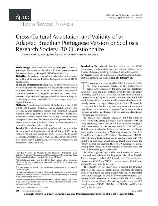 (PDF) Cross-cultural adaptation and validity of an adapted Brazilian Portuguese version of ...