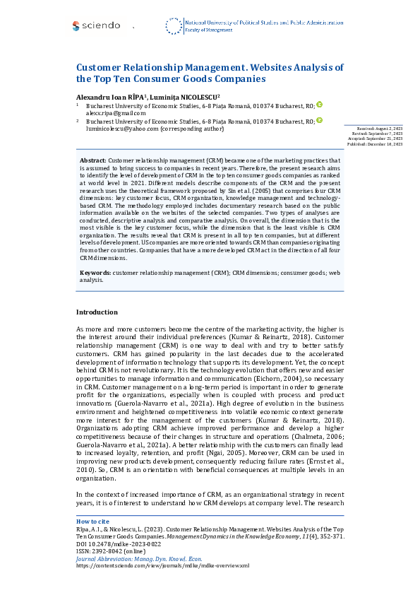 (PDF) Customer Relationship Management. Websites Analysis of the Top ...