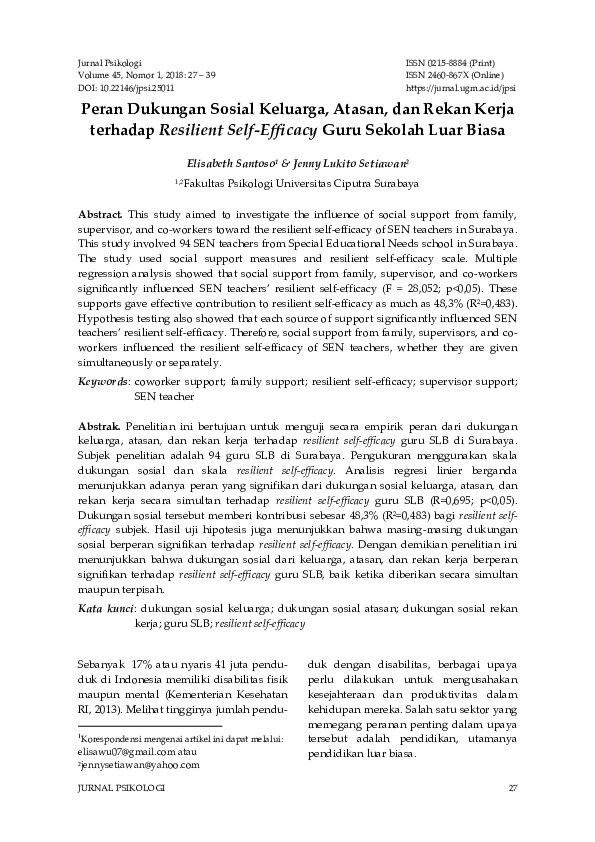 (PDF) Peran Dukungan Sosial Keluarga, Atasan, dan Rekan Kerja terhadap Resilient Self-Efficacy ...