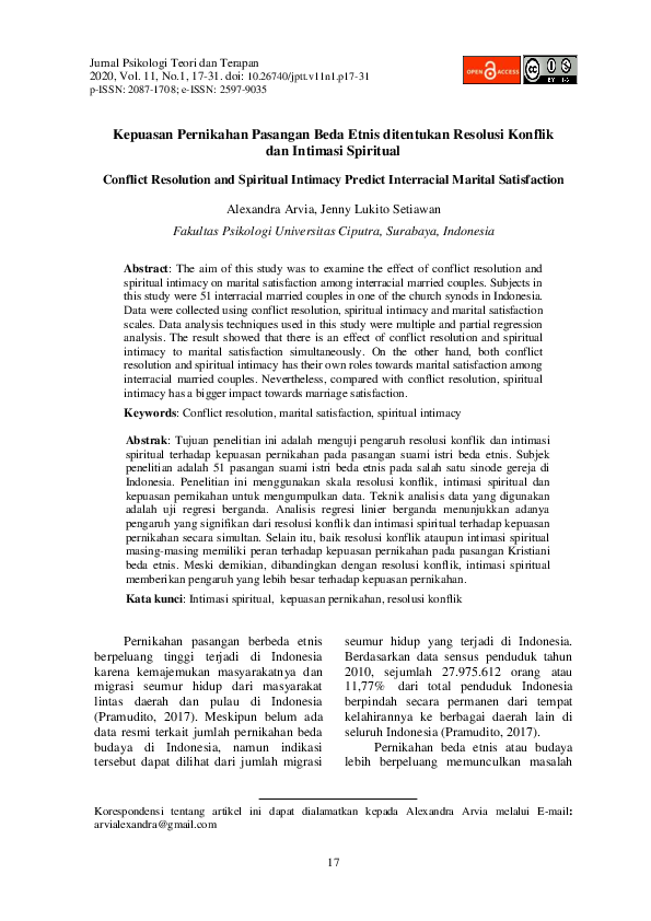 (PDF) Kepuasan Pernikahan Pasangan Beda Etnis ditentukan Resolusi Konflik dan Intimasi Spiritual