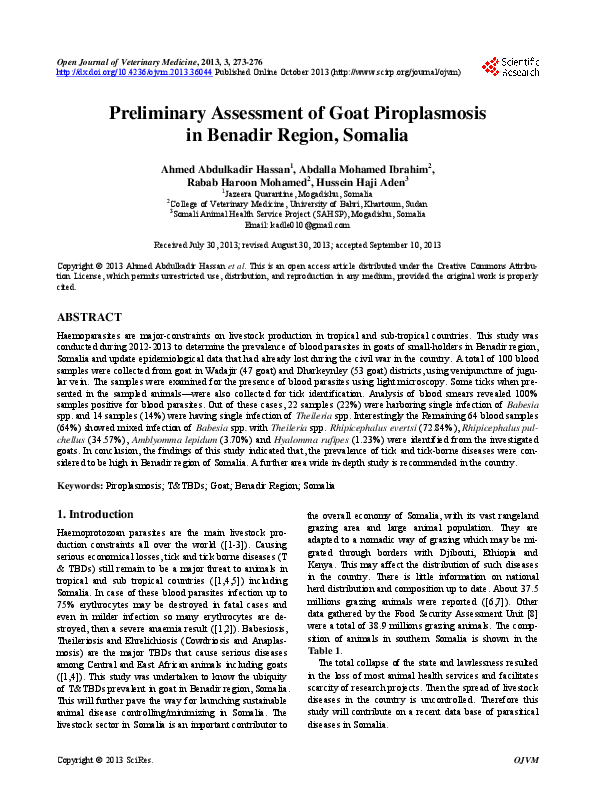 (PDF) Preliminary Assessment of Goat Piroplasmosis in Benadir Region ...