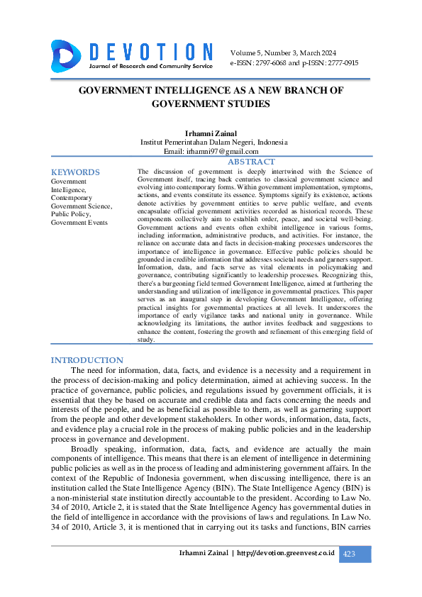 (PDF) Government Intelligence as A New Branch of Government Studies