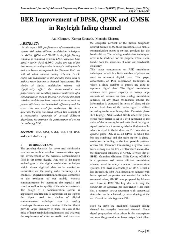 (PDF) BER Improvement of BPSK, QPSK and GMSK in Rayleigh fading channel