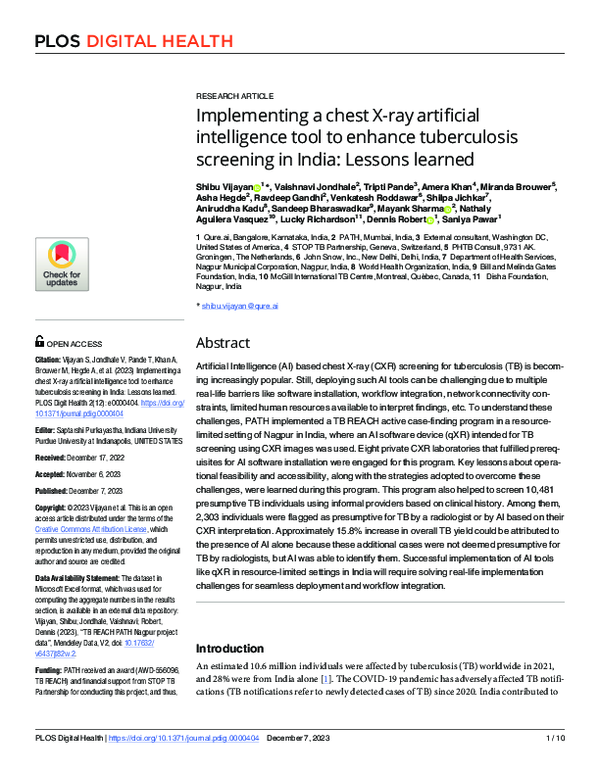 (PDF) Implementing a chest X-ray artificial intelligence tool to enhance tuberculosis screening ...