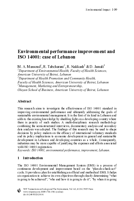 (PDF) Environmental performance improvement and ISO 14001: case of Lebanon