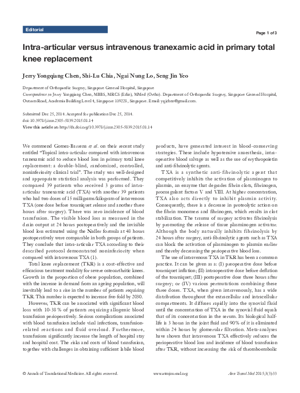 (PDF) Intra-articular versus intravenous tranexamic acid in primary ...