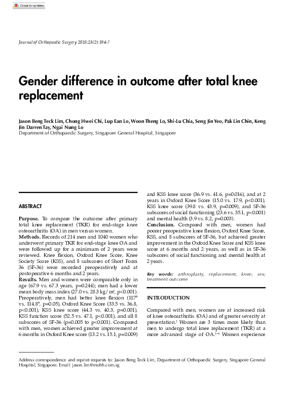 Gender difference in outcome after total knee replacement