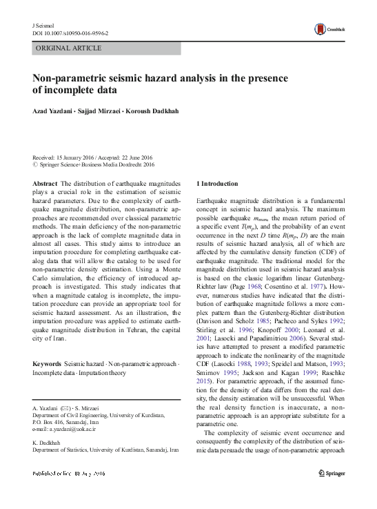 (PDF) Non-parametric seismic hazard analysis in the presence of incomplete data