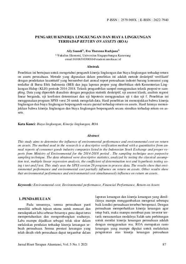 (PDF) Pengaruh Kinerja Lingkungan Dan Biaya Lingkungan Terhadap Return on Assets (Roa)