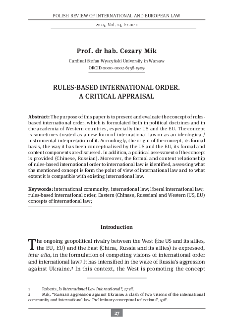 (PDF) RULES BASED INTERNATIONAL ORDER. A CRITICAL APPRAISAL