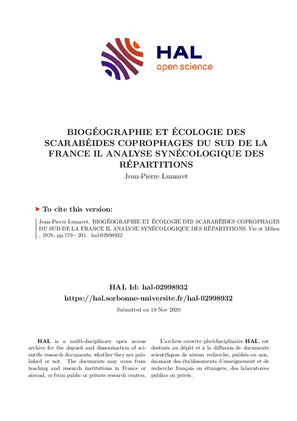 (PDF) Biogeographie et Ecologie Des Scarabeides Coprophages Du Sud De ...