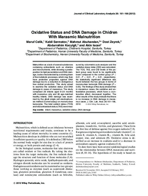 (PDF) Oxidative Status and DNA Damage in Chidren With Marasmic ...