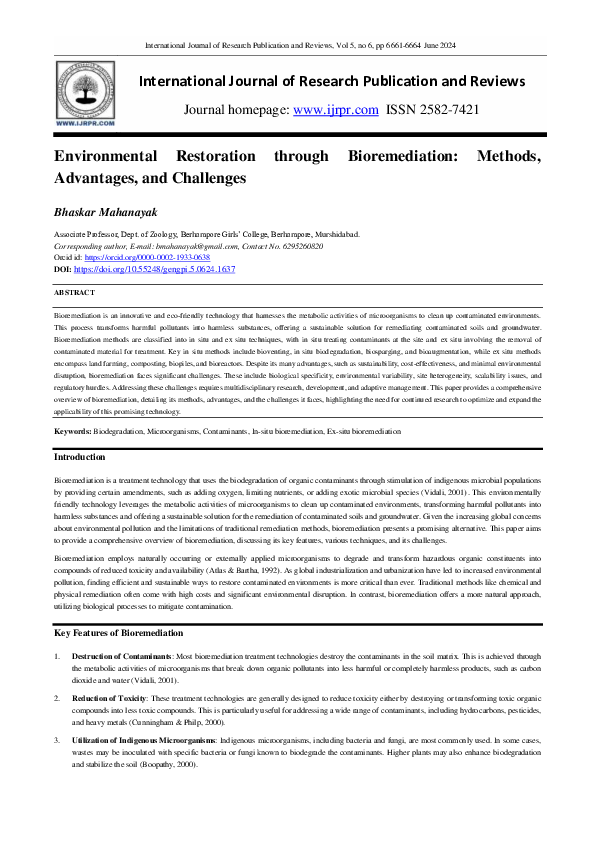 (PDF) Environmental Restoration through Bioremediation: Methods ...