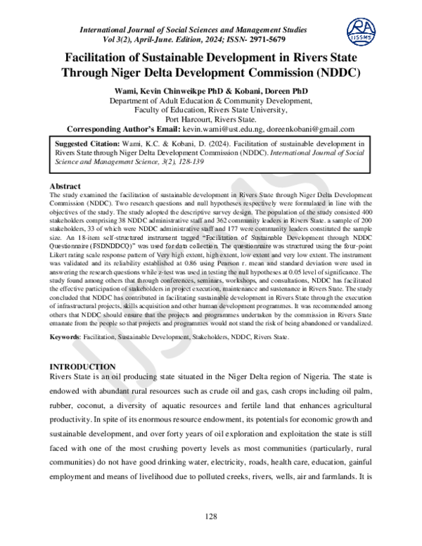 (PDF) Facilitation of Sustainable Development in Rivers State Through NDDC
