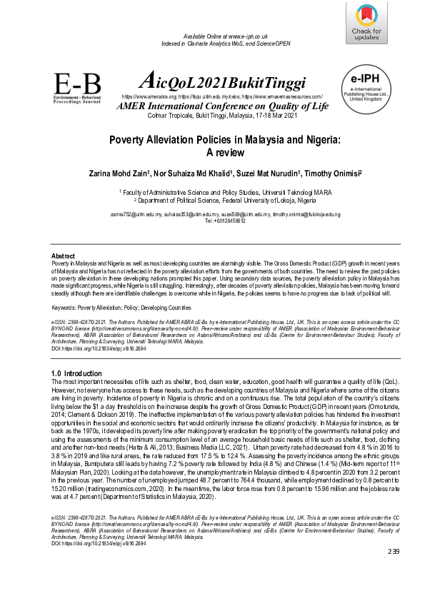 (PDF) Poverty Alleviation Policies in Malaysia and Nigeria: A review