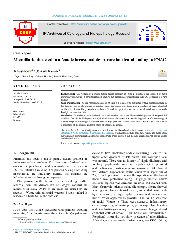 (PDF) Microfilaria detected in a female breast nodule-A rare incidental ...