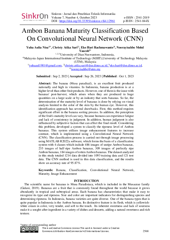 (PDF) Ambon Banana Maturity Classification Based On Convolutional Neural Network (CNN)