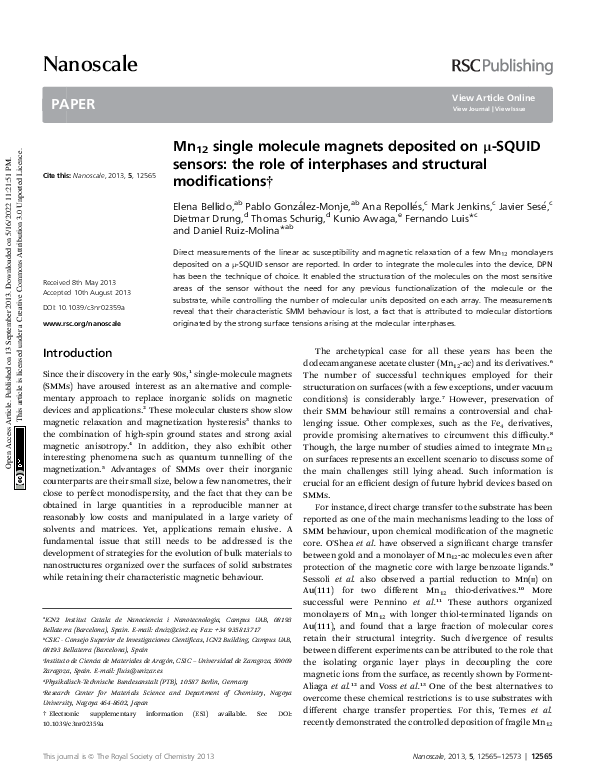 (PDF) Mn12 single molecule magnets deposited on μ-SQUID sensors: the ...