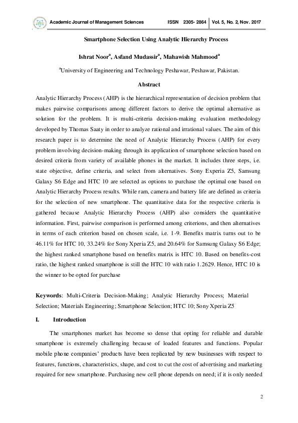 (PDF) Smartphone Selection Using Analytic Hierarchy Process