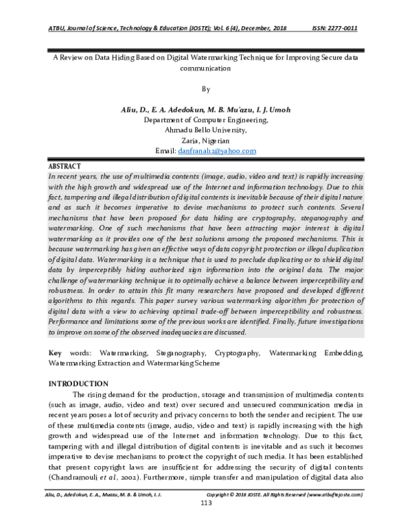 Pdf A Review On Data Hiding Based On Digital Watermarking Technique For Improving Secure Data