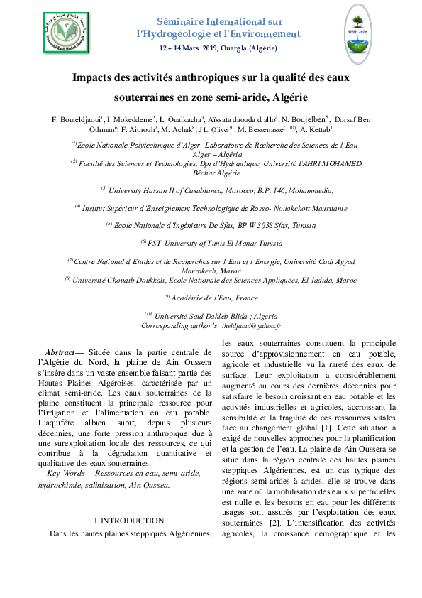 (PDF) Impacts des activités anthropiques sur la qualité des eaux ...