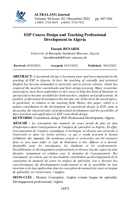 (PDF) ESP Course Design and Teaching Professional Development in Algeria