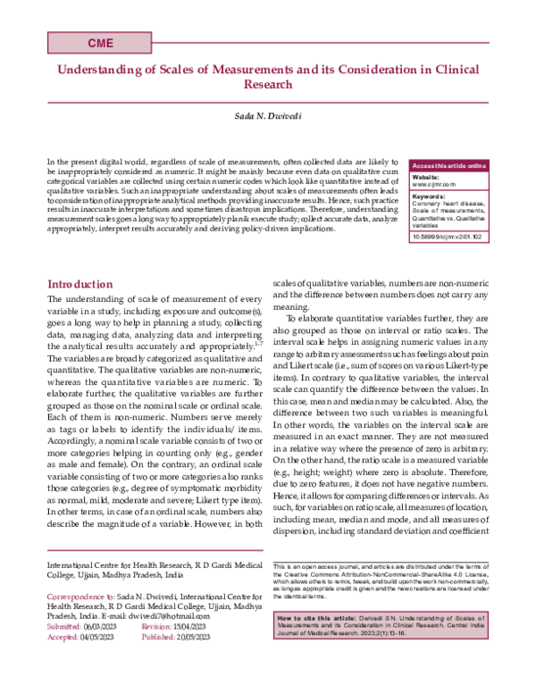 (PDF) Understanding of Scales of Measurements and its Consideration in ...