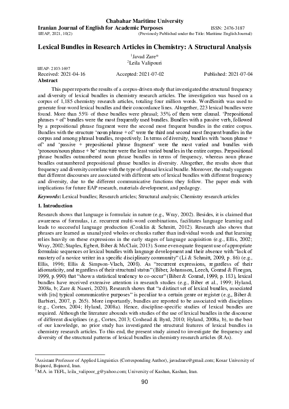 (PDF) Lexical Bundles in Research Articles in Chemistry: A Structural ...