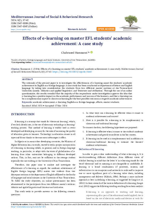 (PDF) Effects of e-learning on master EFL students’ academic achievement: A case study