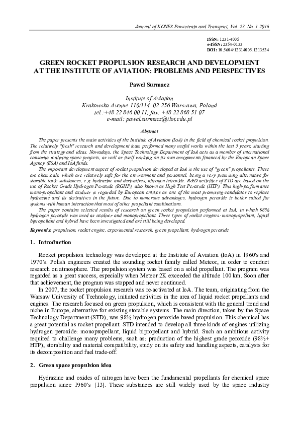 (PDF) Green Rocket Propulsion Research and Development at the Institute ...